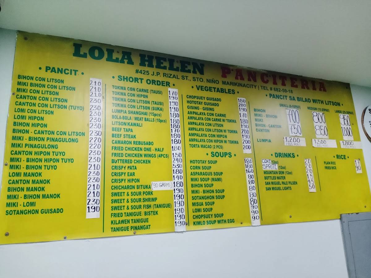 Menu at Lola Helen Panciteria restaurant, Marikina, 425 J. P. Rizal St