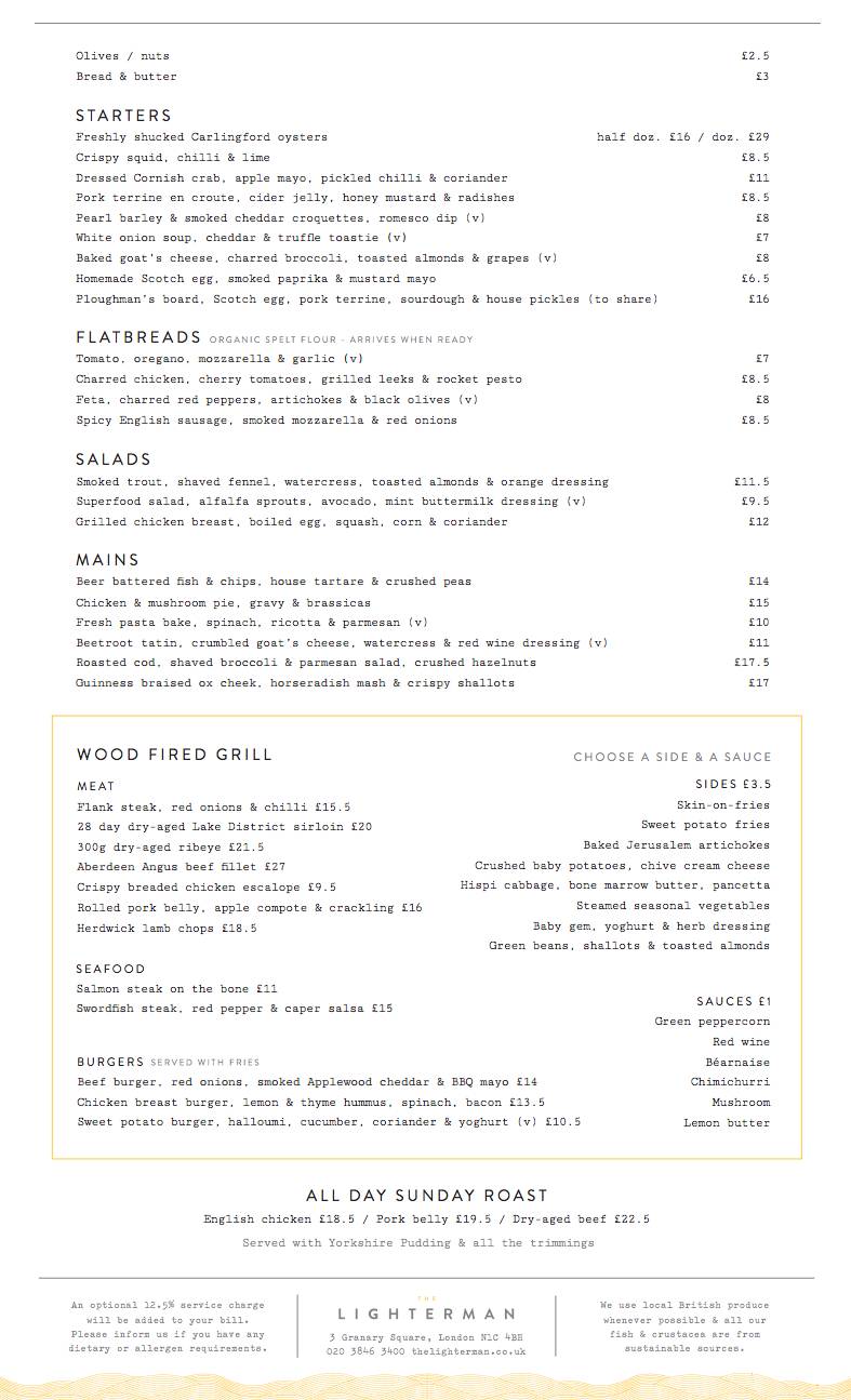 Menu at The Lighterman pub & bar, London, 3 Granary Square