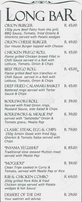 Menu au Long Bar, Johannesburg