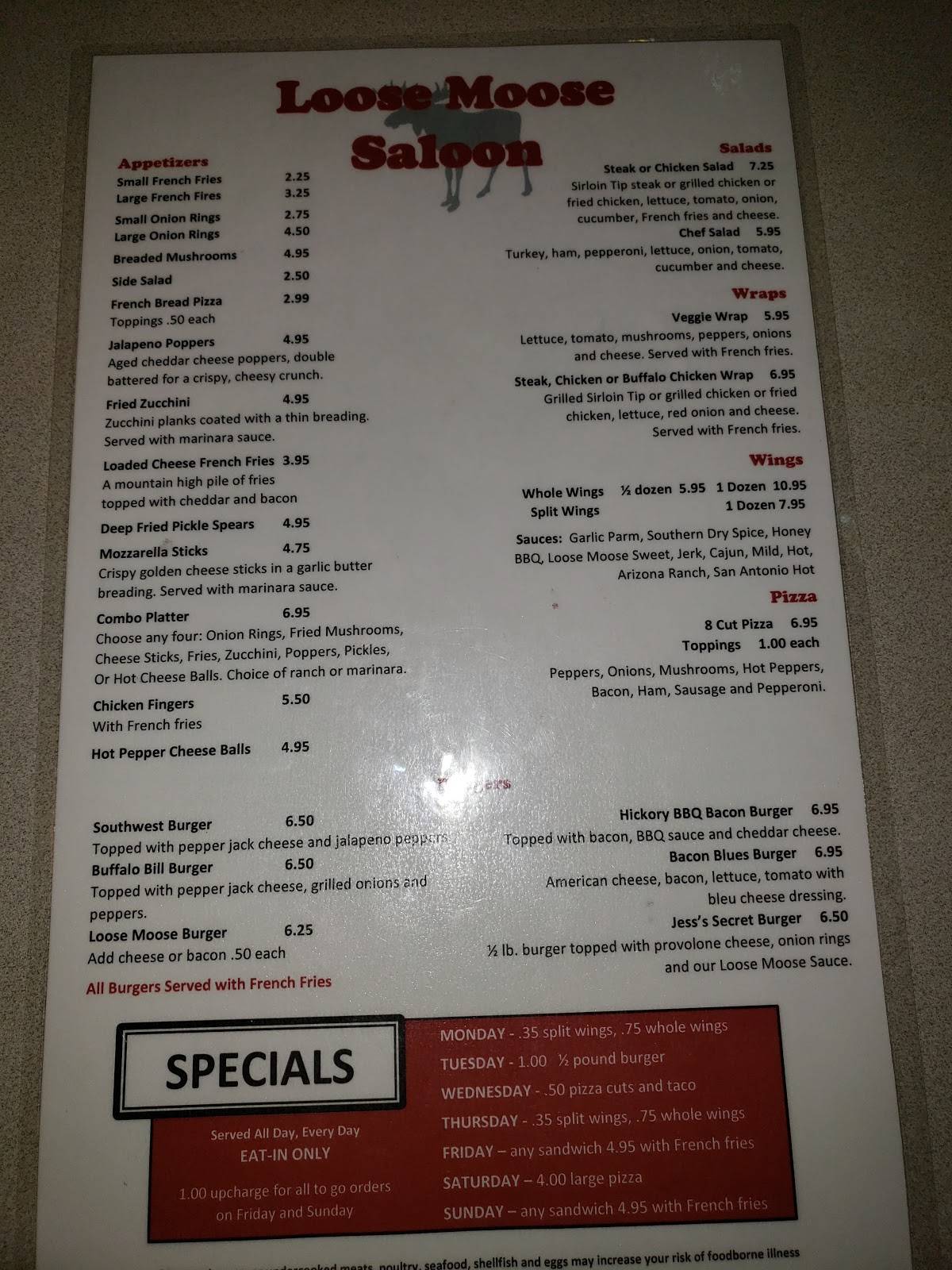 Menu at Loose Moose Saloon pub & bar, Baldwin