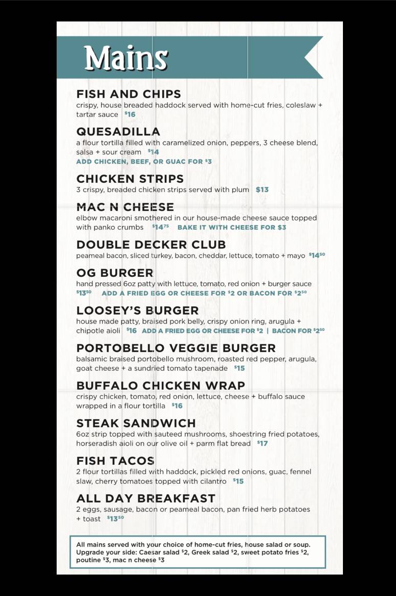 Menu at Loosey's pub & bar, Saskatoon
