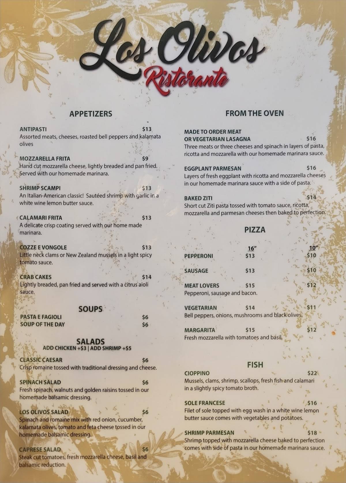 Menu at Los Olivos Ristorante restaurant, Las Vegas