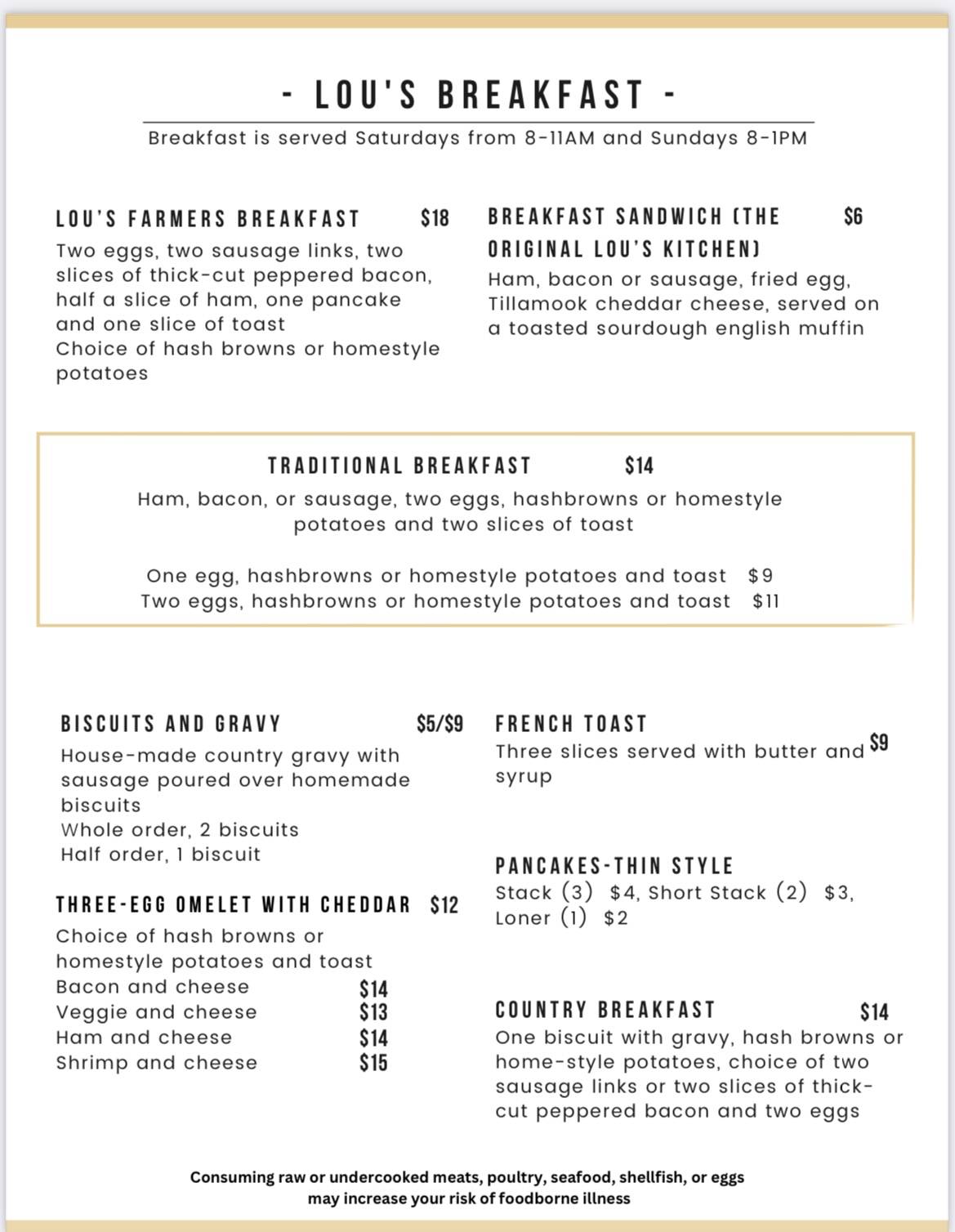 Menu at Lou's Kitchen restaurant, Mount Angel