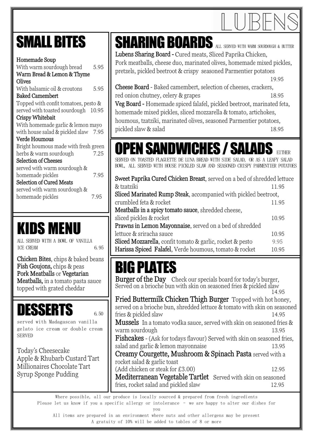 Menu at Lubens pub & bar, Buxton