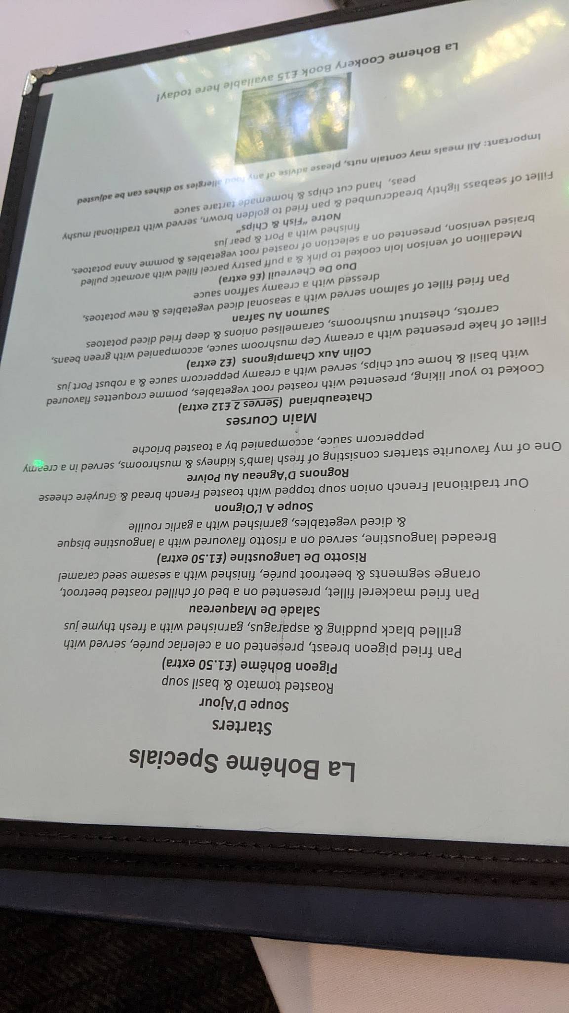Menu at La Boheme restaurant, Lymm