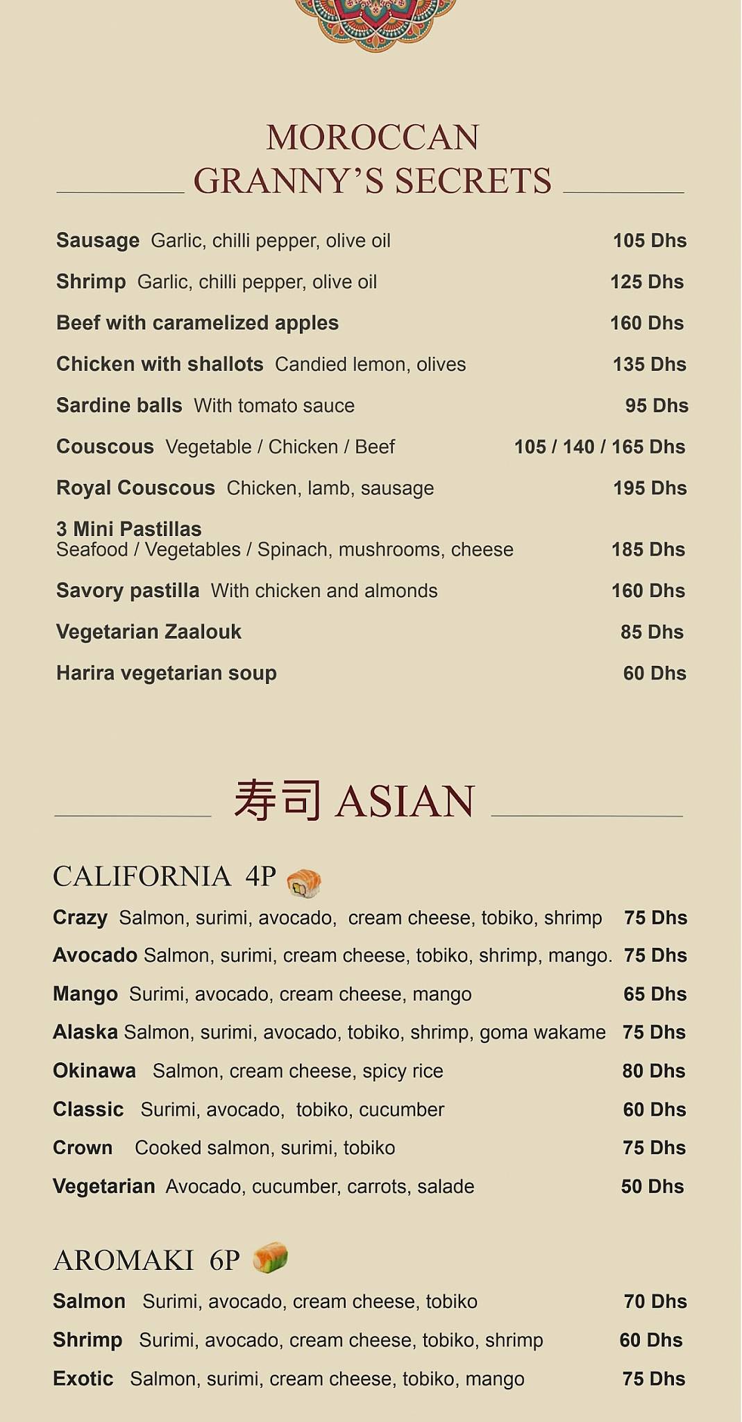 Menu at M Bacha Restaurant, Marrakesh