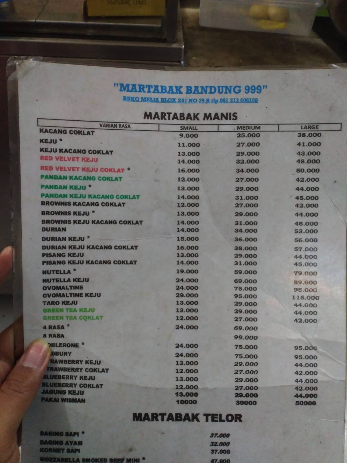 Menu at MARTABAK BANDUNG 999 RUKO MELIA restaurant, Mekar Bakti