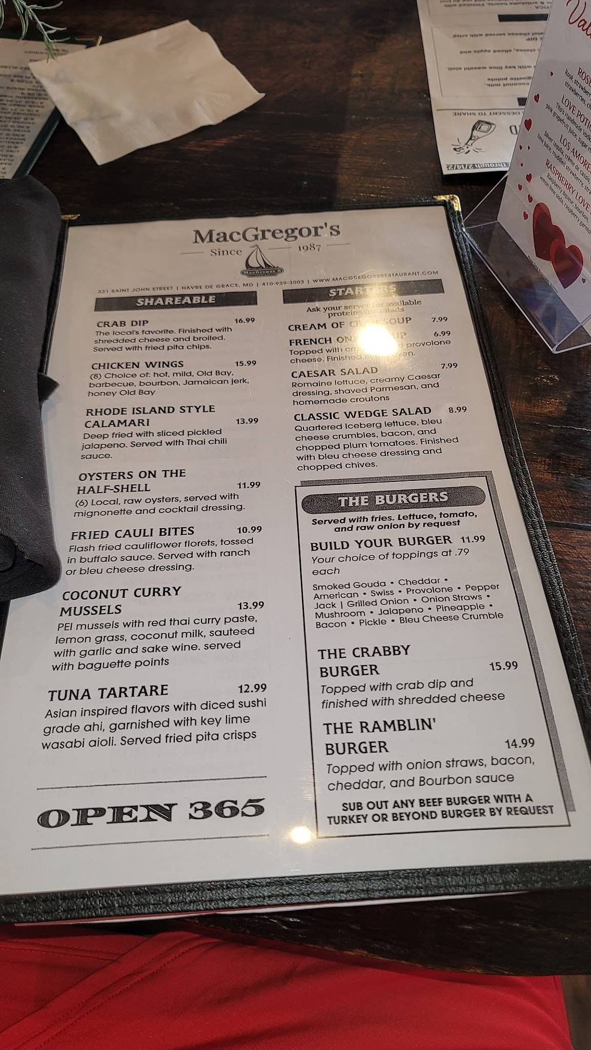 Menu at MacGregor's Restaurant, Havre de Grace