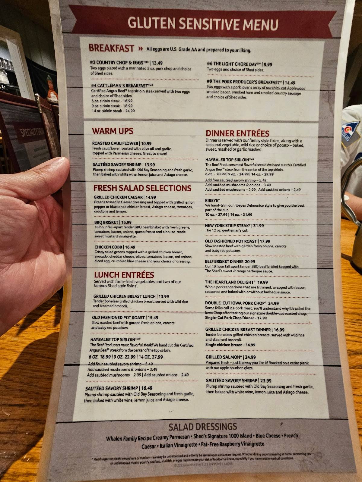Menu at Machine Shed Restaurant Appleton, Appleton