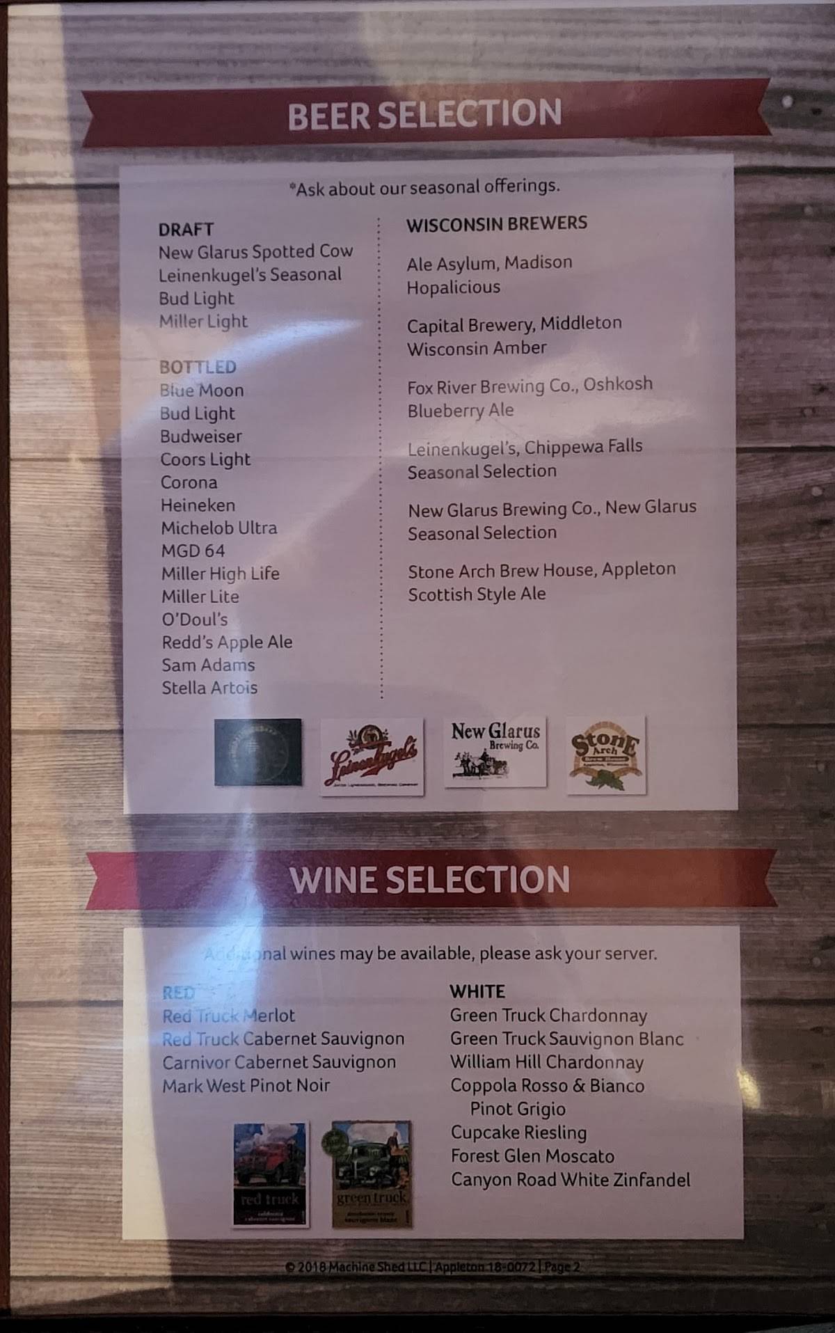 Menu at Machine Shed Restaurant Appleton, Appleton