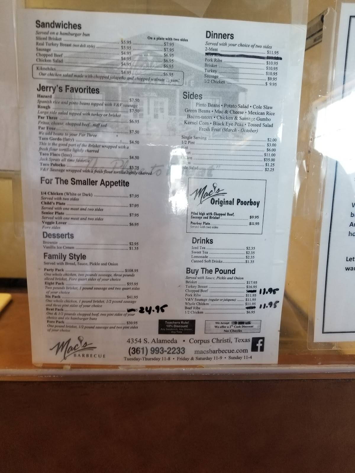 Menu at Mac's Barbecue #Fore!, Corpus Christi, S Alameda St