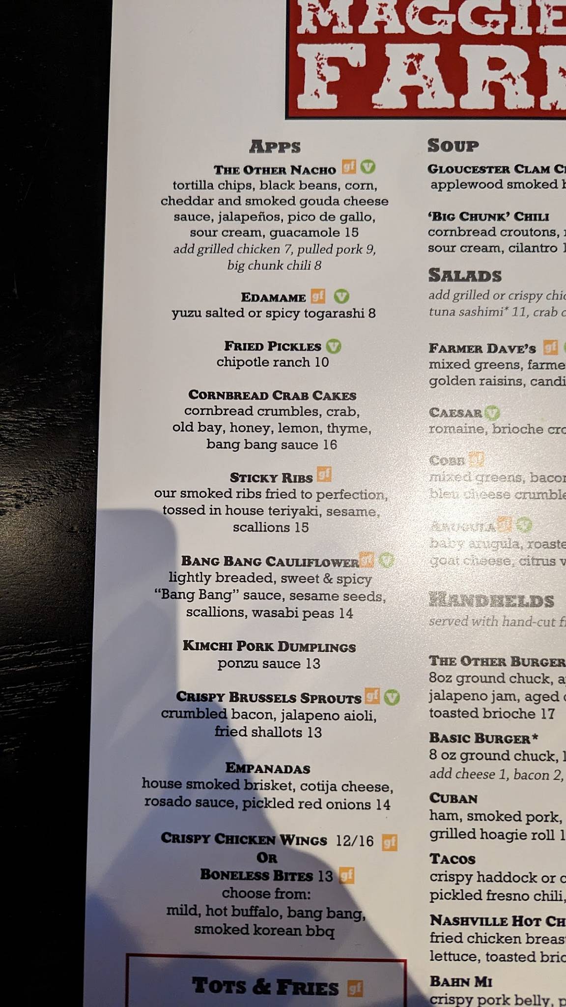 Menu at Maggie's Other Farm restaurant, Billerica