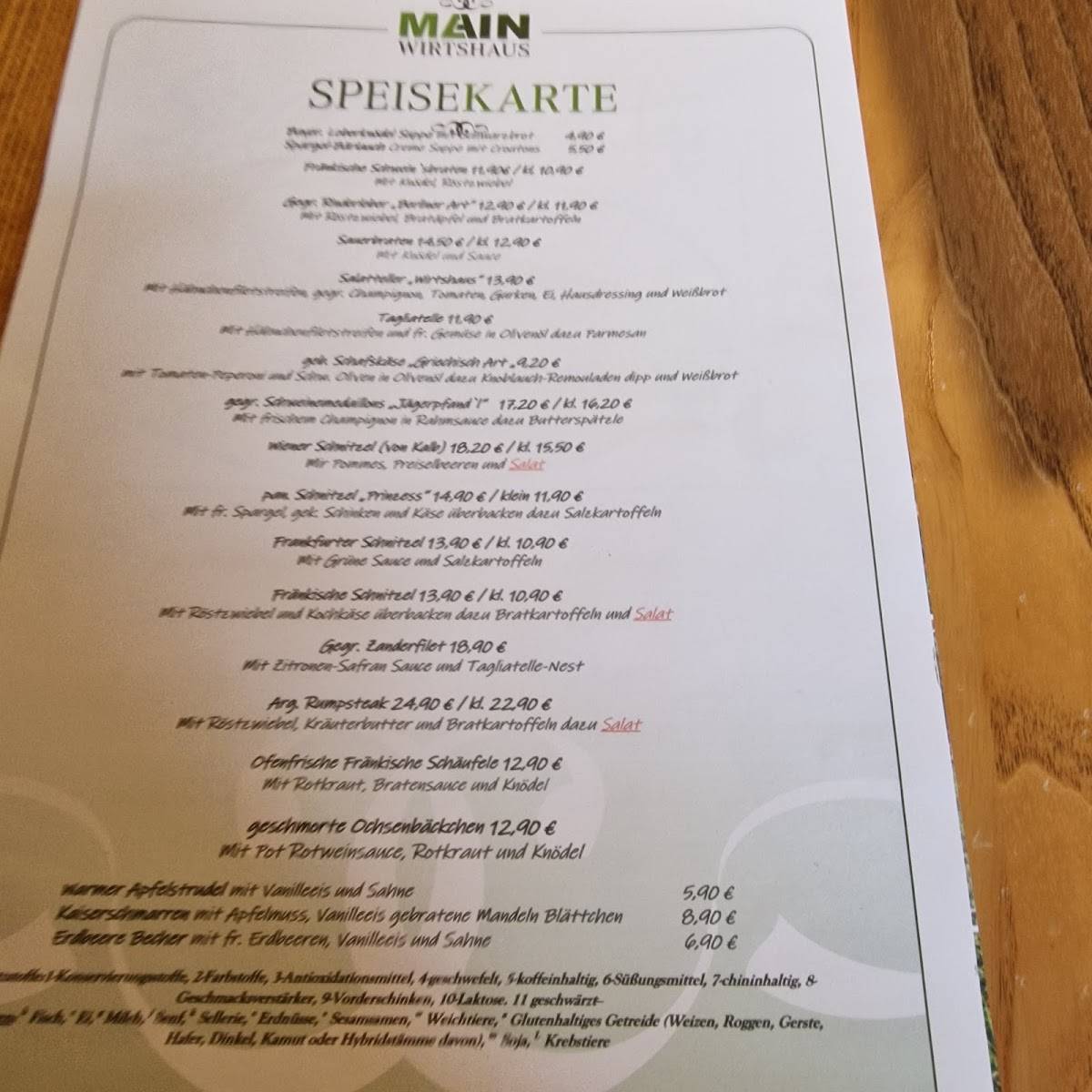 Menu at Main-Wirtshaus restaurant, Mainaschaff