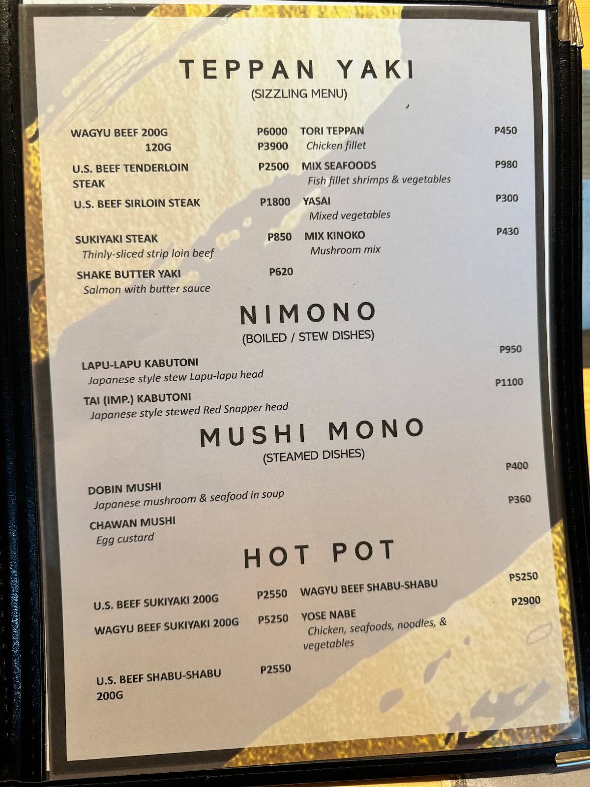 Menu at Tsumura restaurant, Makati