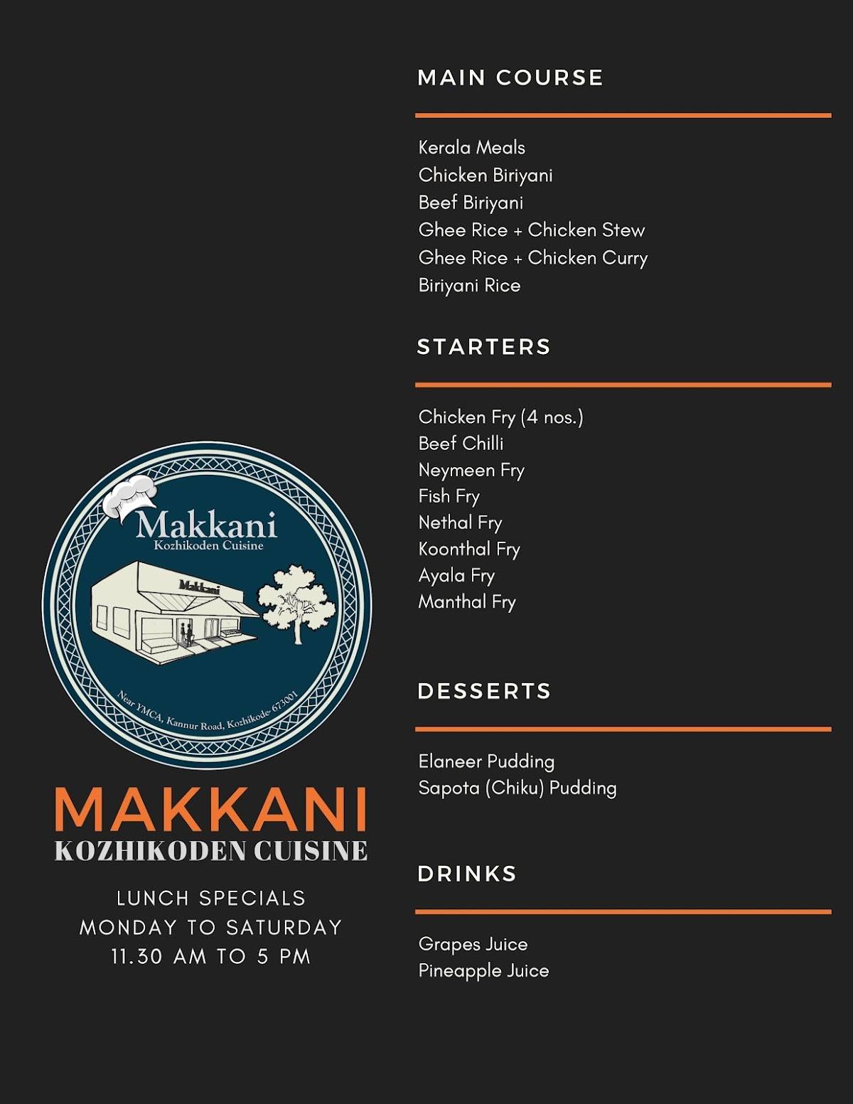 Menu at Makkani Restaurant, Kozhikode