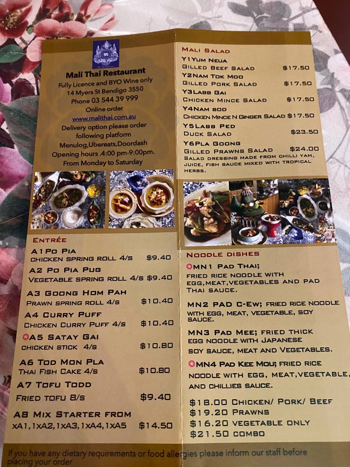 Menu at Mali Thai (Mali in Bendigo) restaurant, Bendigo