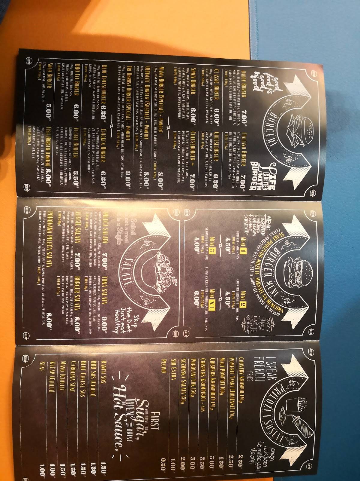 Menu at Mama Burgers SCC restaurant, Sarajevo