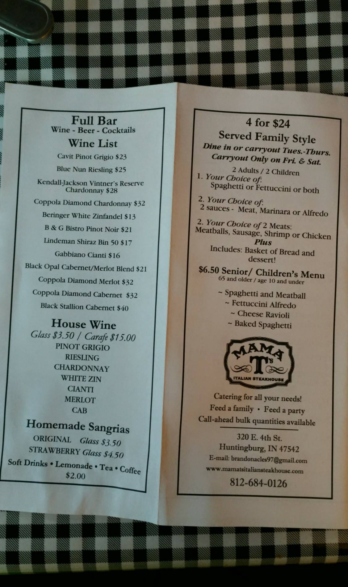 Menu at Mama T's Italian Steakhouse, Huntingburg