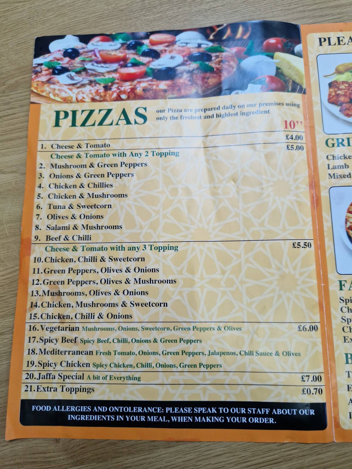 Menu at Jaffa Restaurant, Manchester