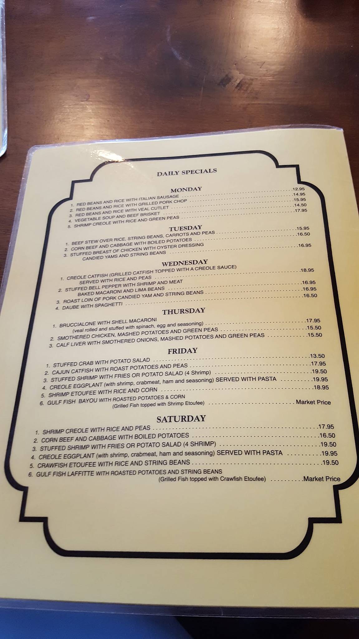 Menu at Mandina's Restaurant, New Orleans