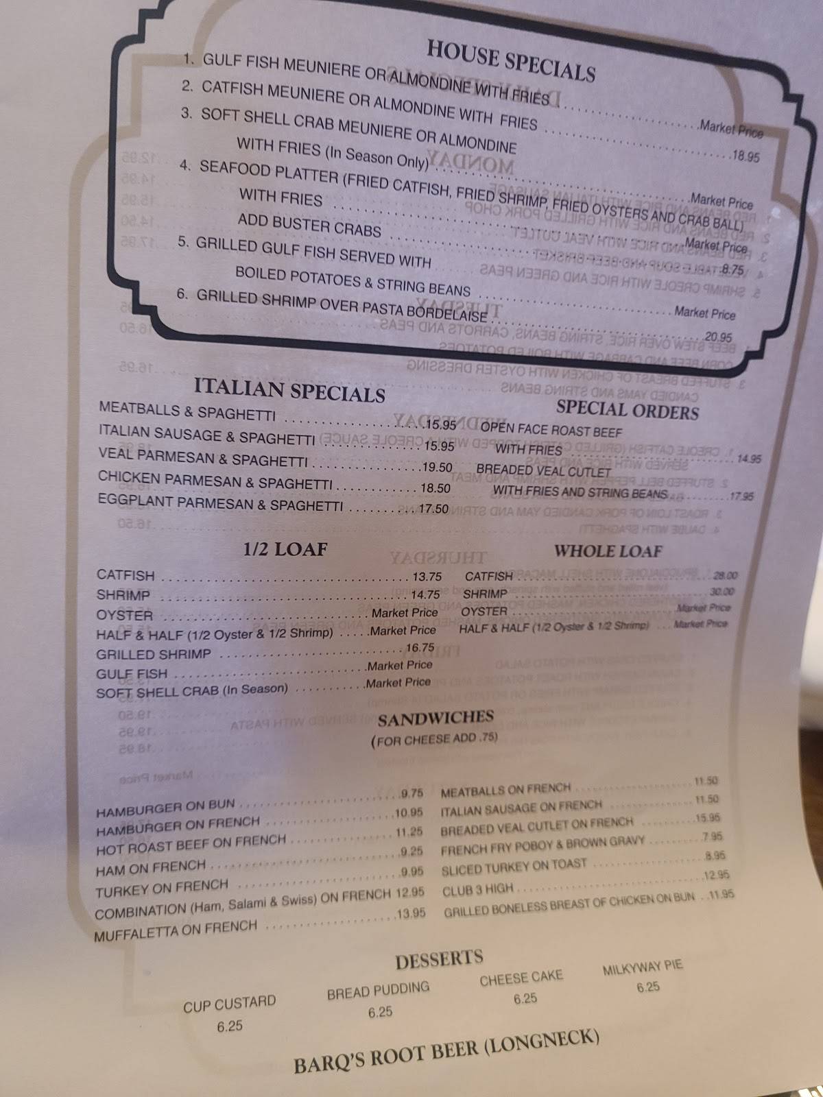 Menu at Mandina's Restaurant, New Orleans