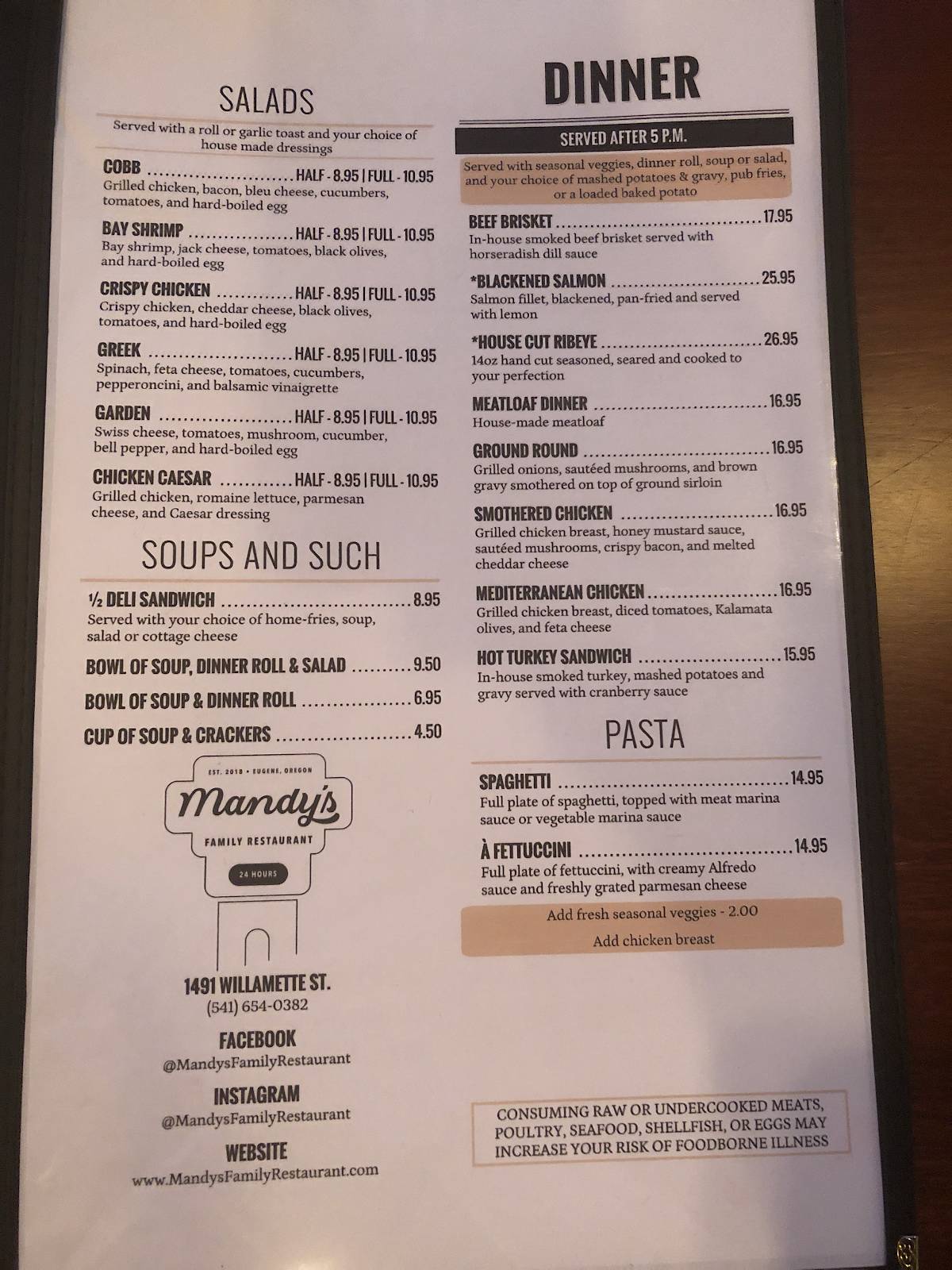 Menu at Mandy's Family Restaurant, Eugene
