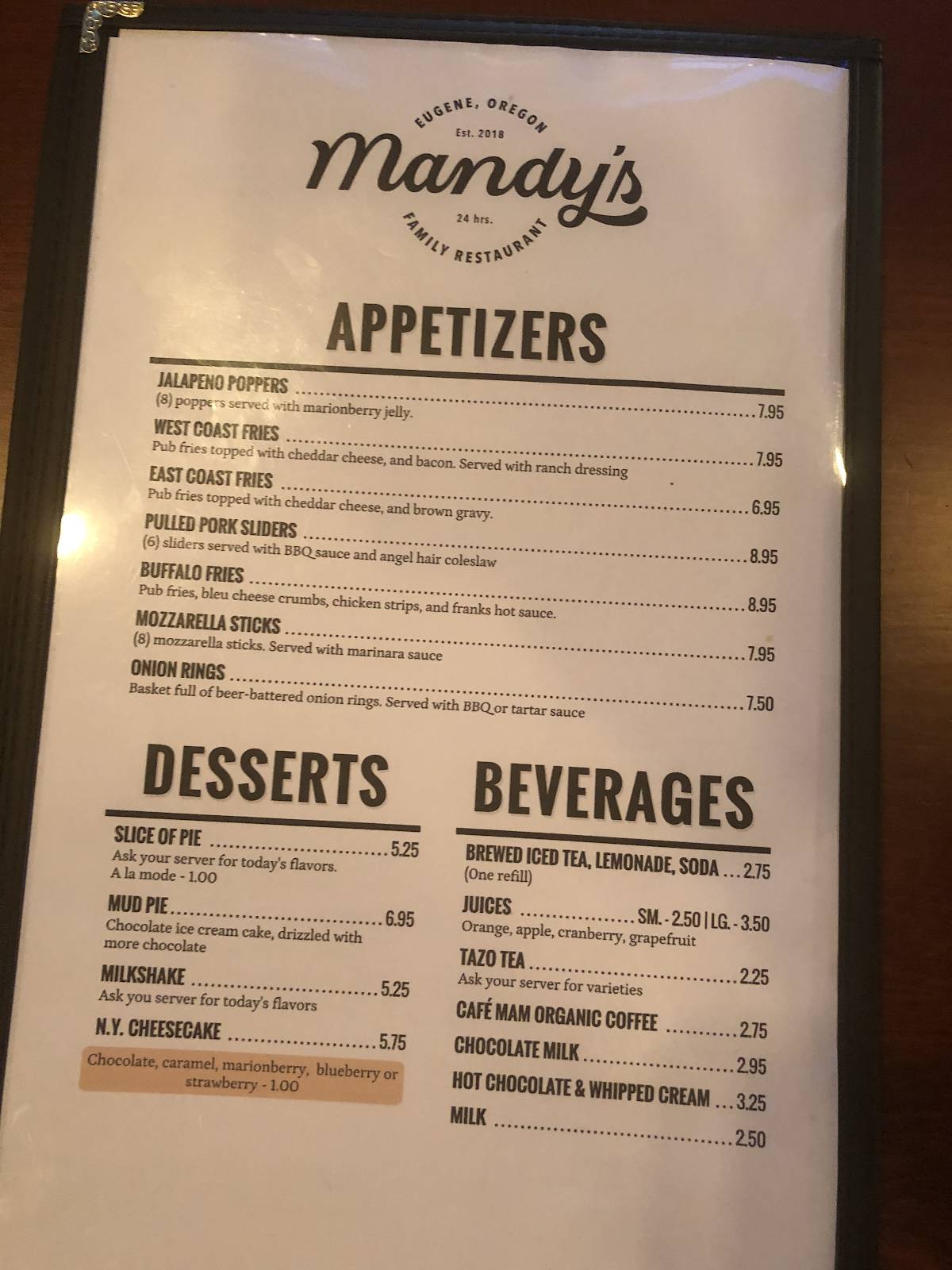 Menu at Mandy's Family Restaurant, Eugene