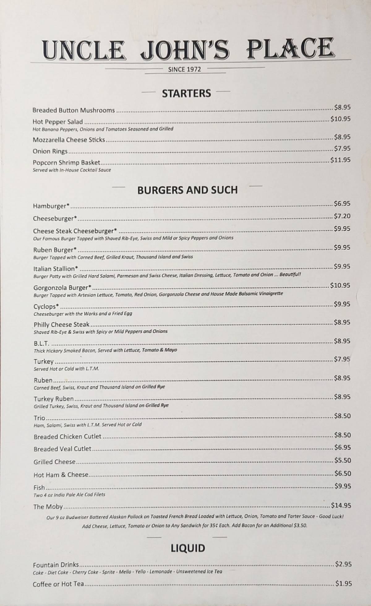 Menu at UNCLE JOHN’S PLACE restaurant, Mansfield