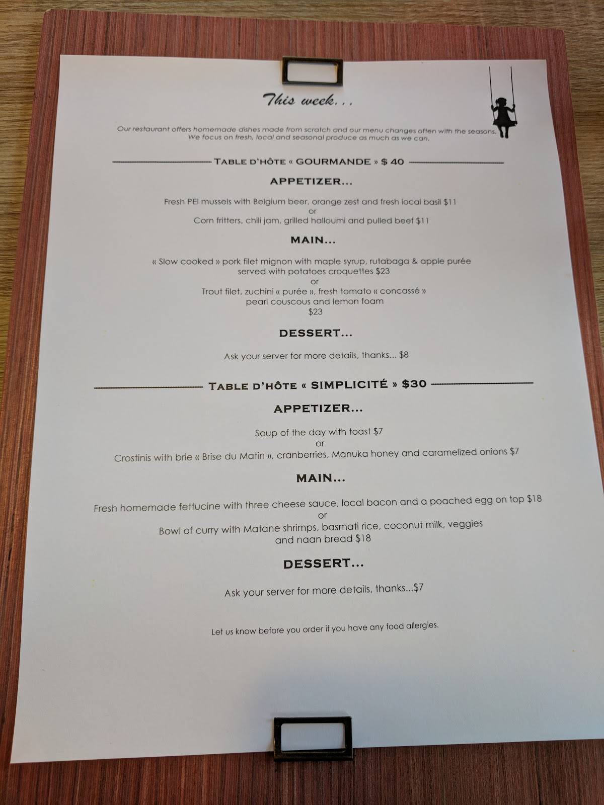 Menu at Manuka Resto Inc. restaurant, Moncton