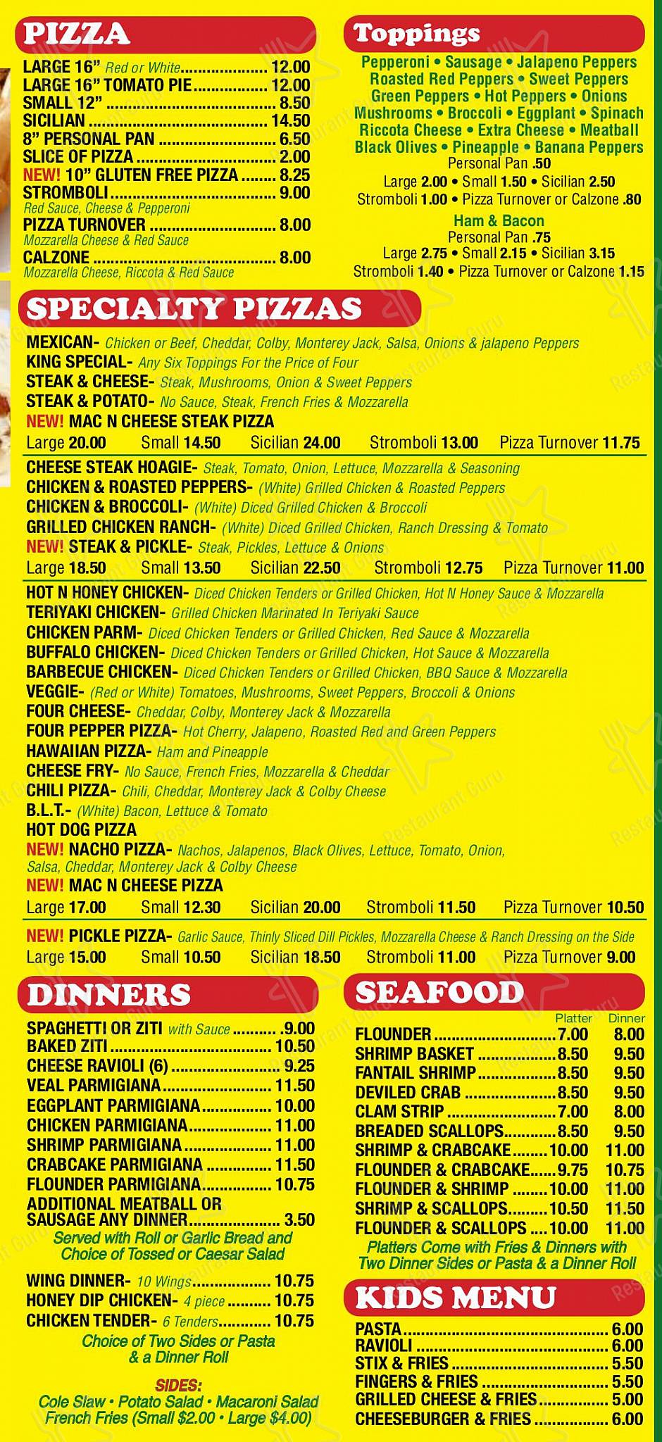Menu at Wing King restaurant, Moorestown