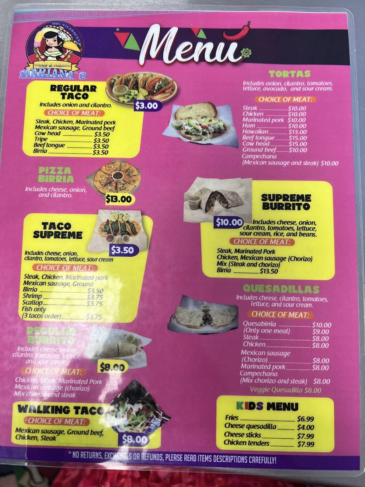 Menu at Mariana's Tacos Y Paletas restaurant, Springfield