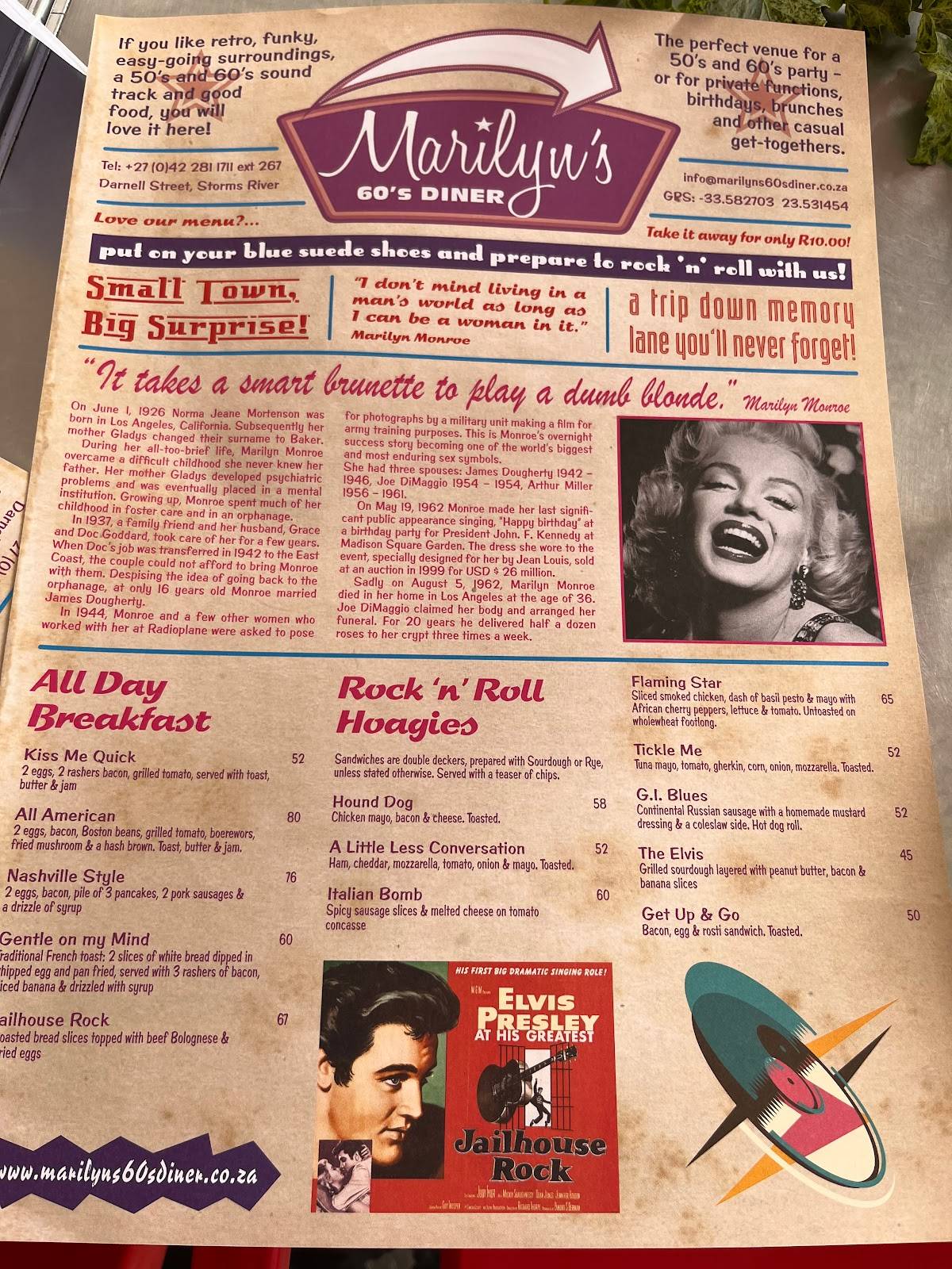 Menu at Marilyn's 60's Diner restaurant, Stormsrivier