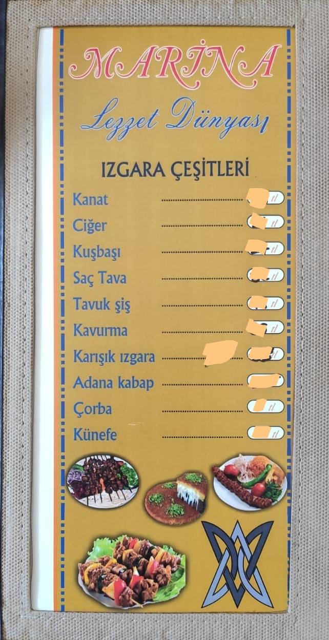 Menu at Marina Lokantası, Dargeçit