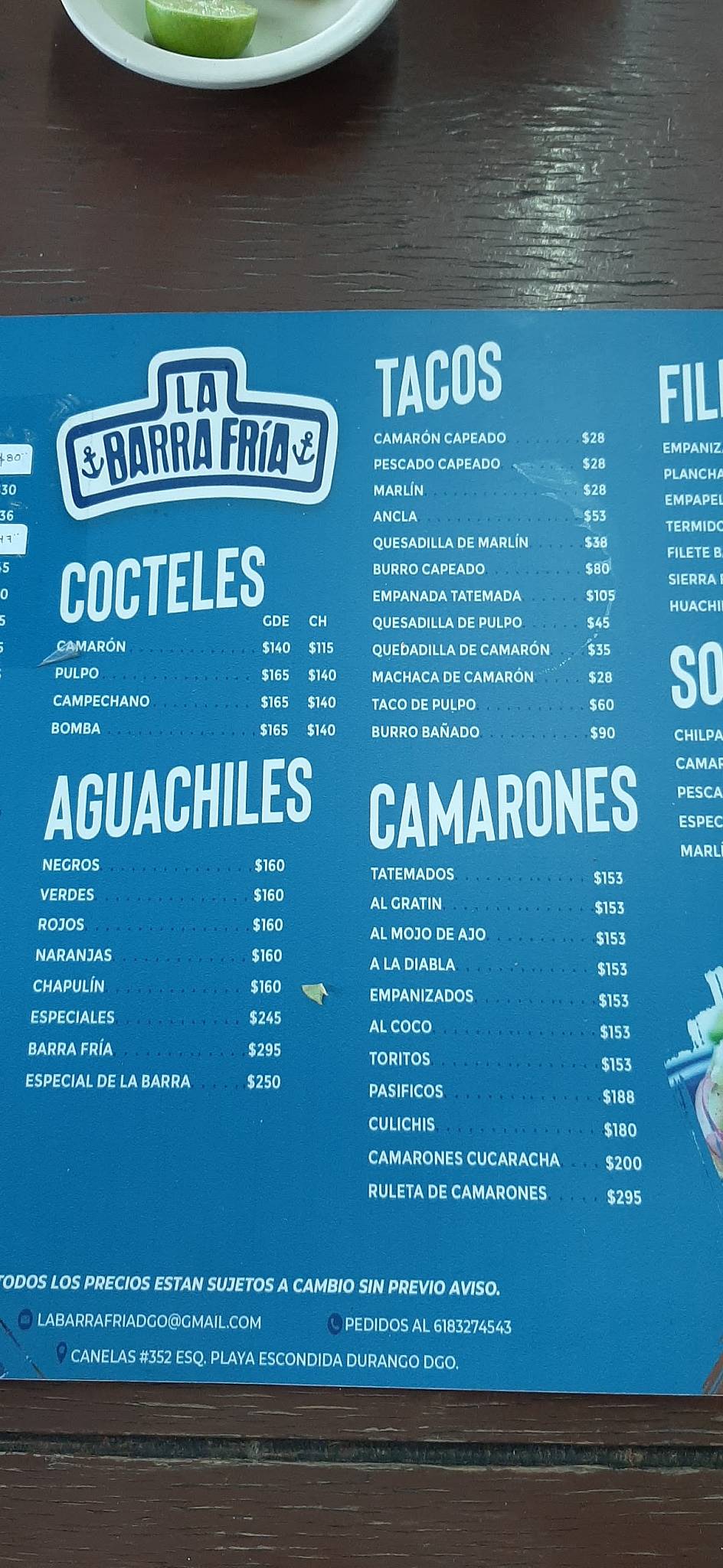 Carta de Mariscos La Barra Fria, Durango