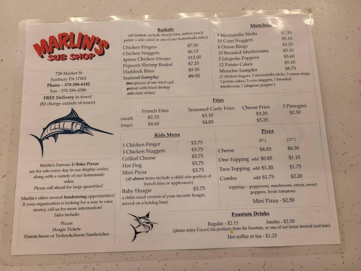 Menu at Marlin's Sub Shop restaurant, Sunbury