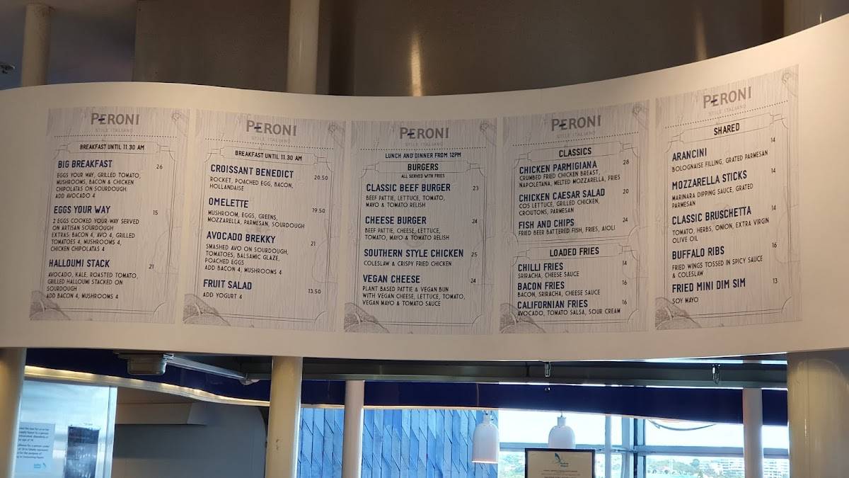Menu at Peroni Bar, Mascot, Departure Plaza