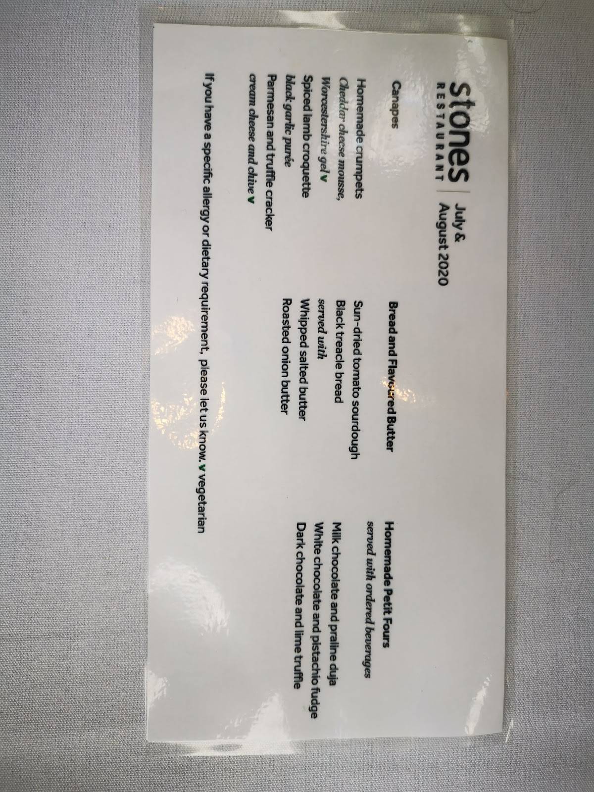 Menu at Stones restaurant, Matlock