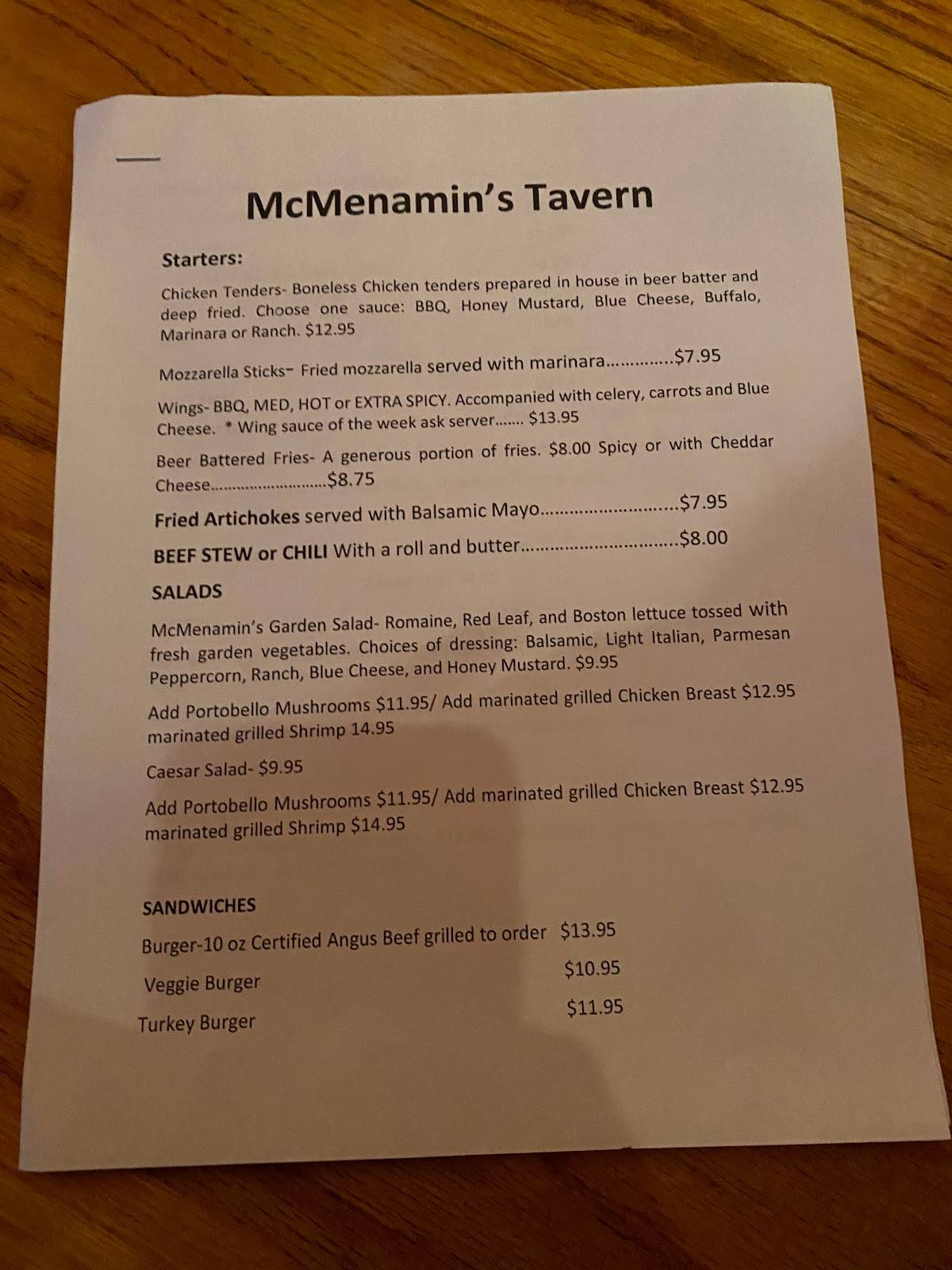 Menu at McMenamin's Tavern pub & bar, Philadelphia