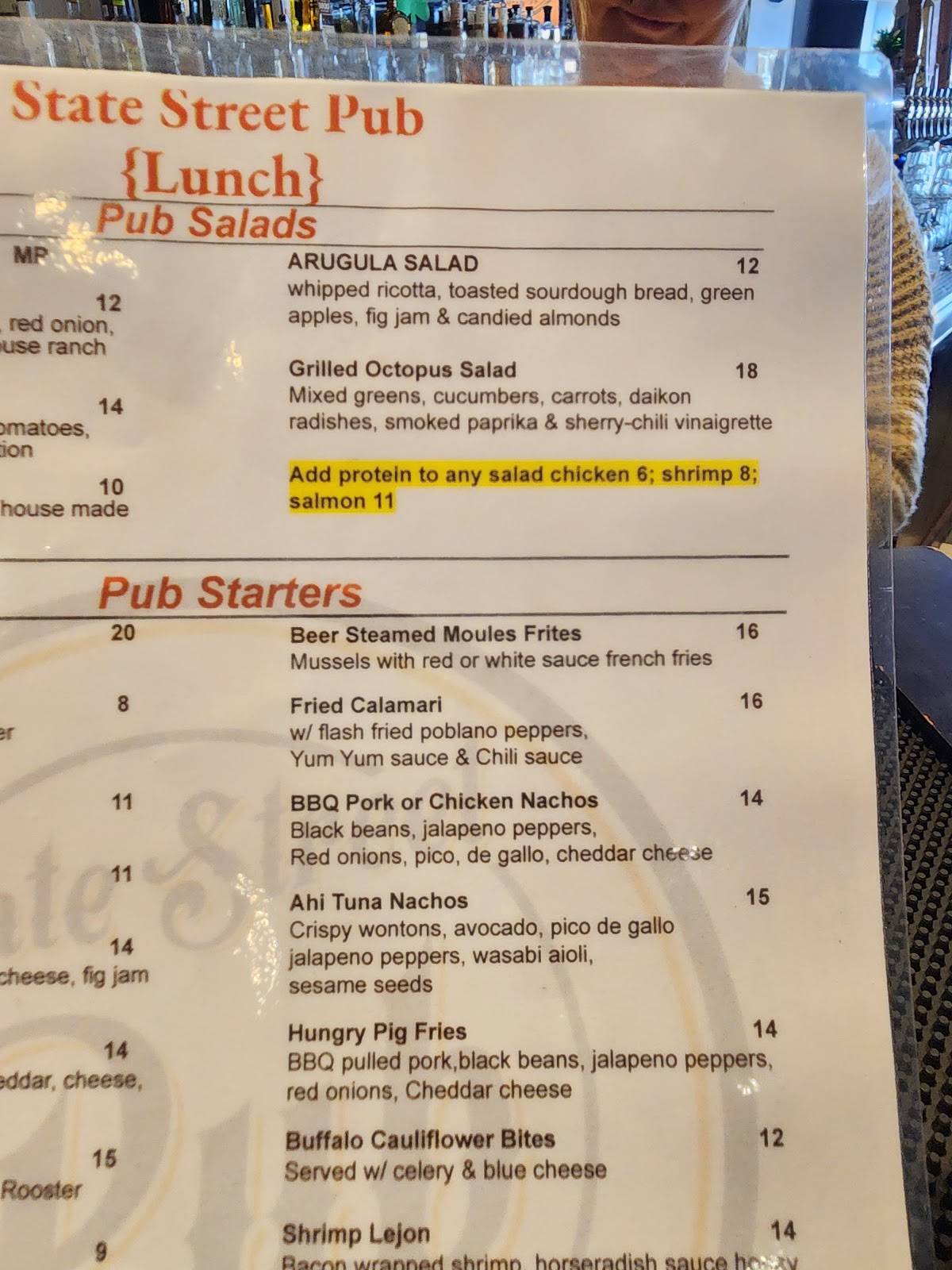 Menu at State Street Pub, Media