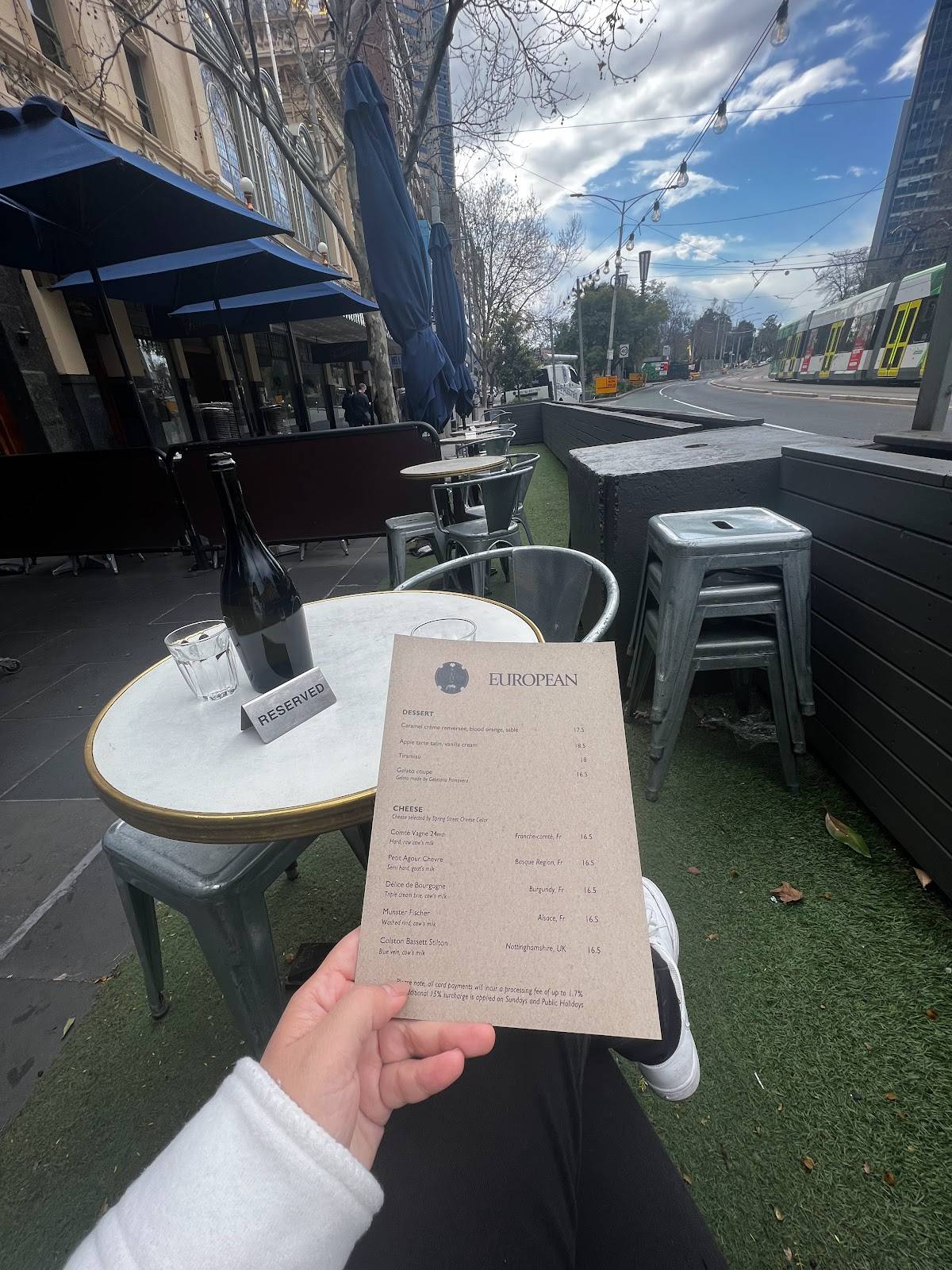 Menu at The European restaurant, Melbourne