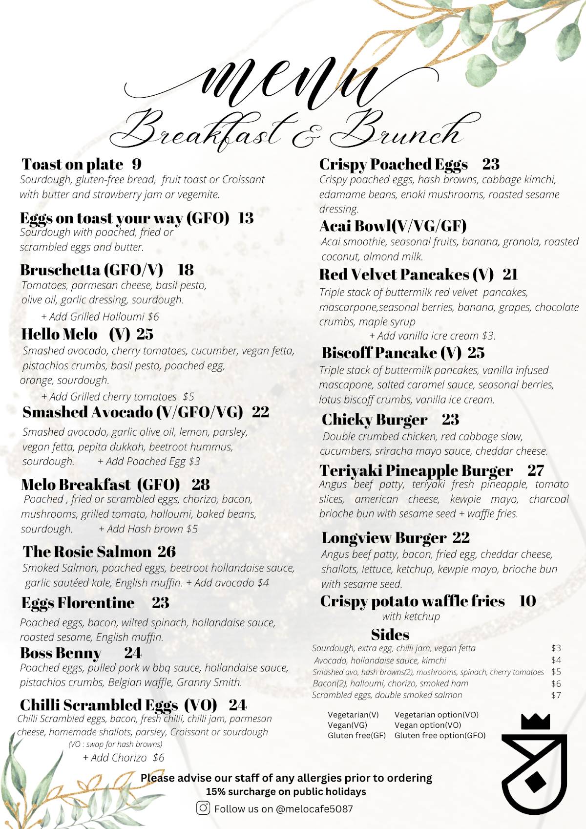 Menu at Melo Cafe, Windsor Gardens