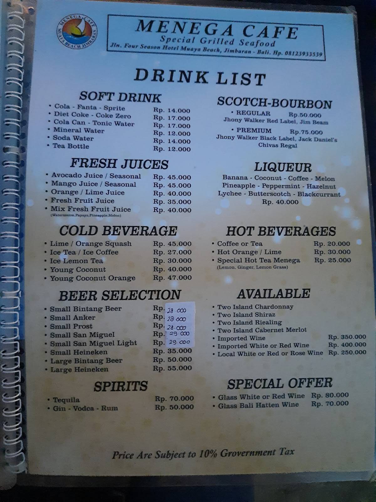Menu at Menega Cafe, Jimbaran, +MR6