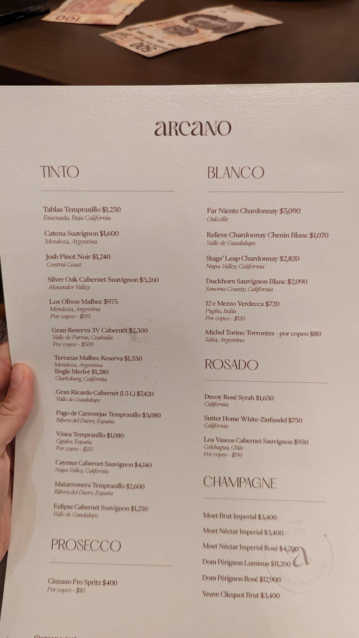 Carta del restaurante Arcano, Merida