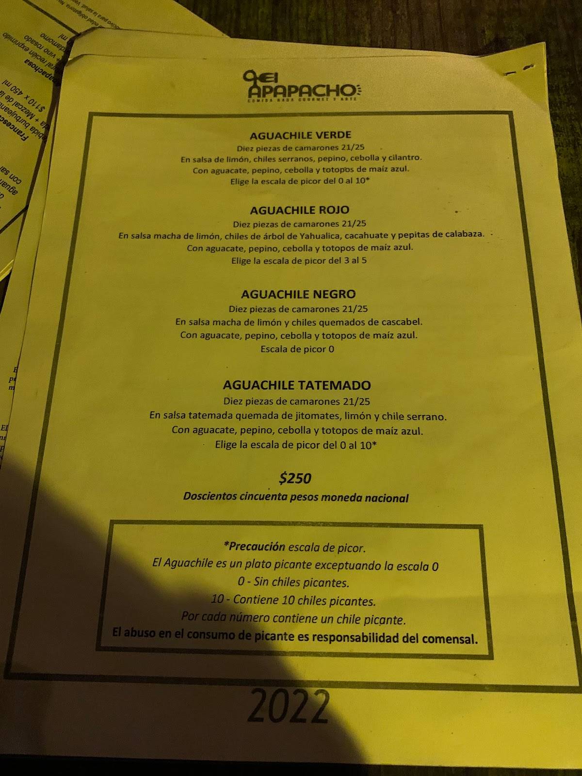 Carta del restaurante El Apapacho "Comida Nada Gourmet y Arte", Merida