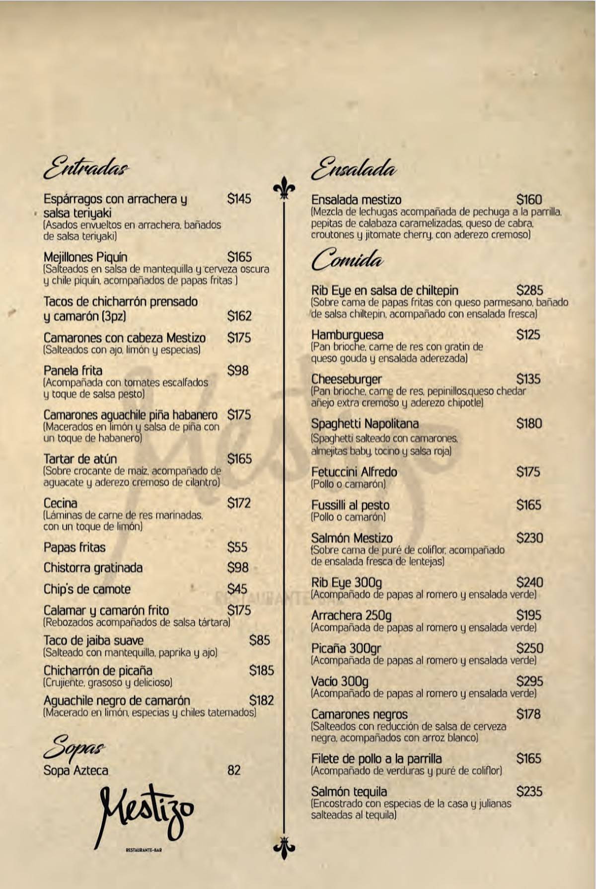 Menu at Mestizo Mazamitla restaurant, Mazamitla