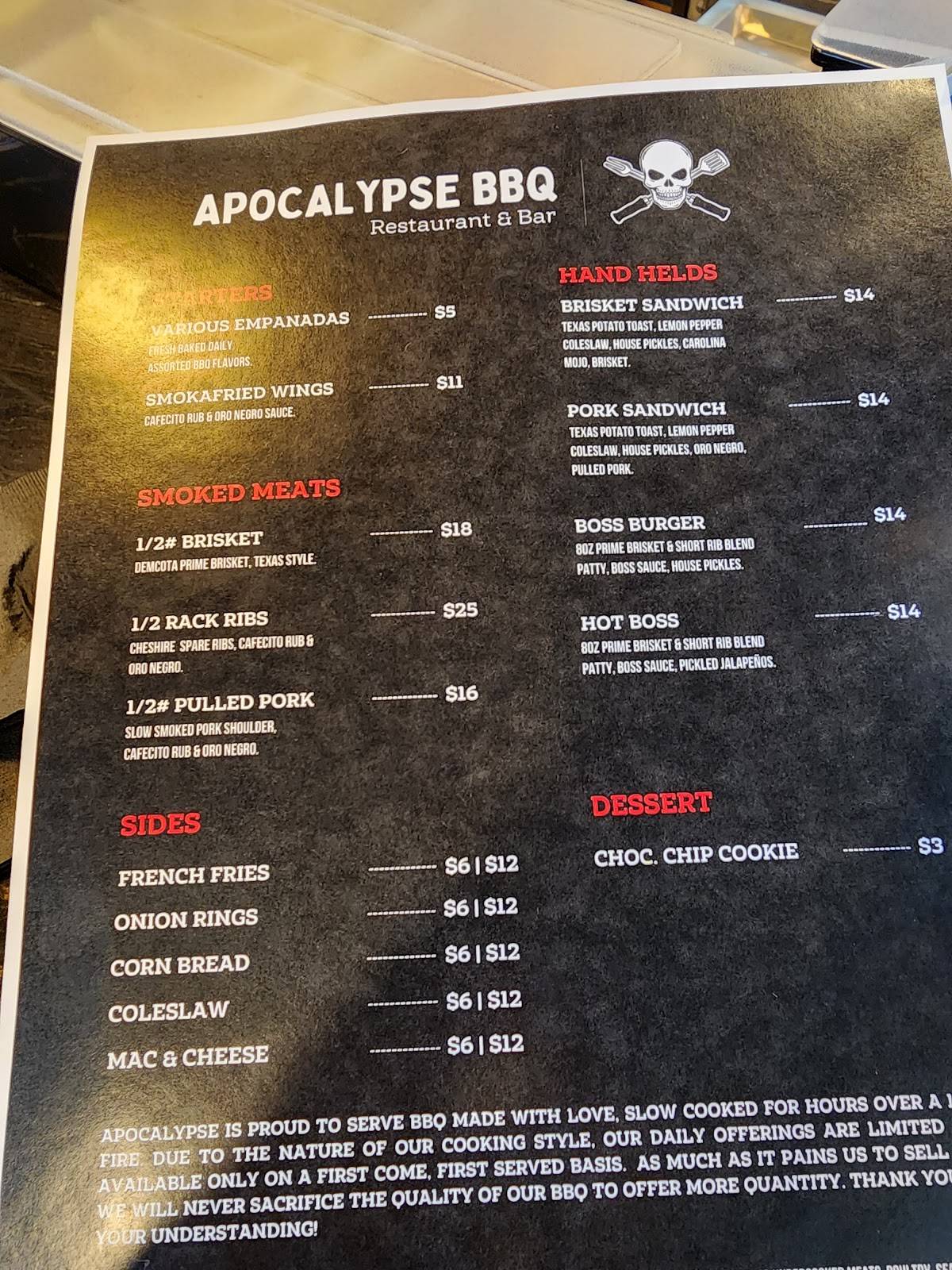 Menu at Apocalypse BBQ, Miami, SW 104th St
