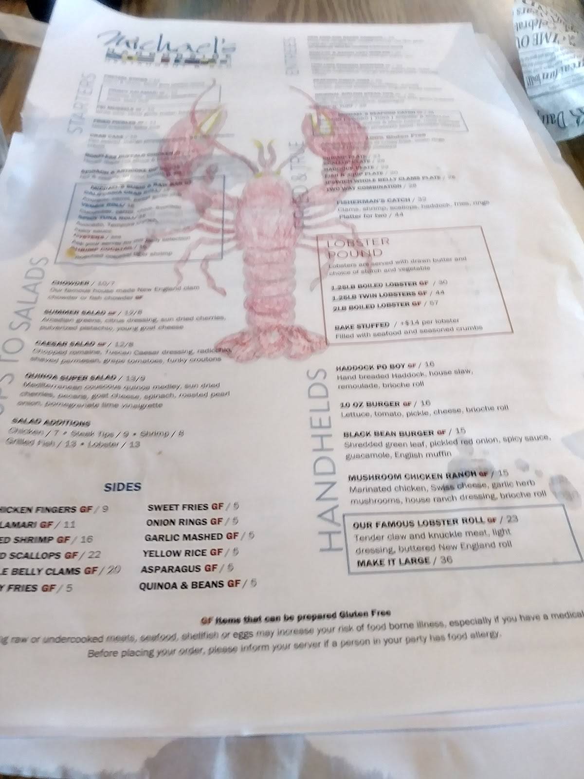 Menu at Michael's Harborside Restaurant & Bar, Newburyport