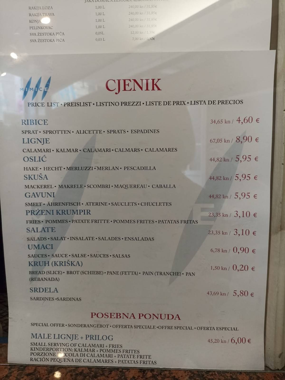 Menu at Mimice restaurant, Zagreb