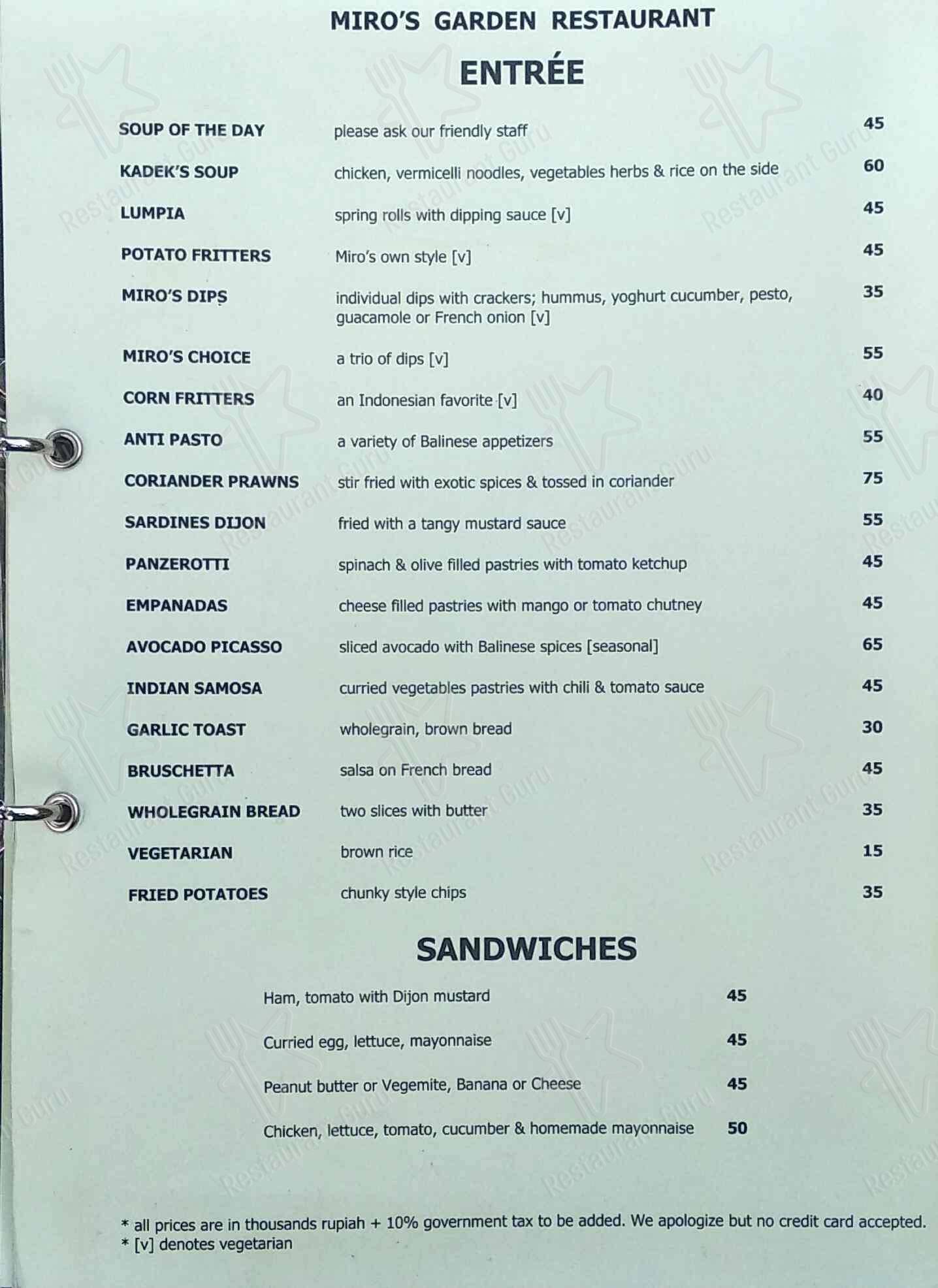 Menu at Miro's Garden Restaurant, Ubud