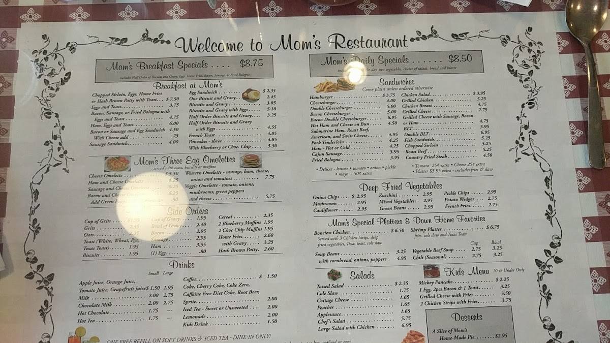 Menu at Mom's Restaurant, Franklin, William C Good Blvd
